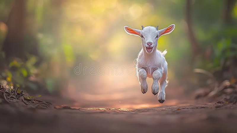 Playful Kid Goat Leaps Forest Path Sunrise Stock Photo - Image of ...