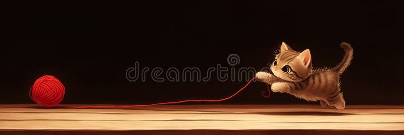 Playful Kitten Chasing Yarn in Cozy Living Room Stock Illustration ...