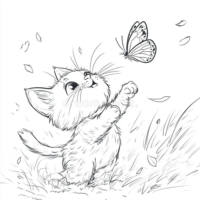 Playful Kitten Chasing Butterfly for Children S Coloring Book Stock ...