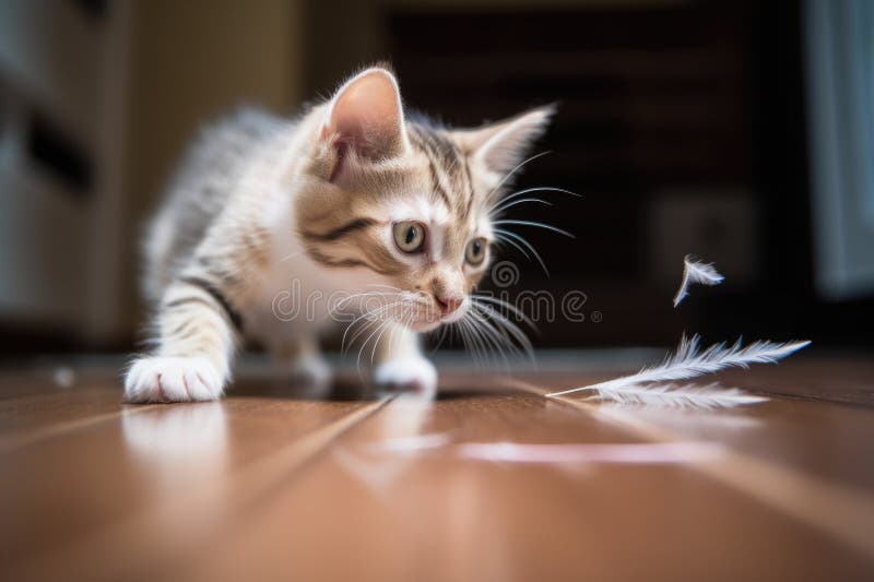 Playful Kitten Chasing Feather on the Floor Stock Illustration ...