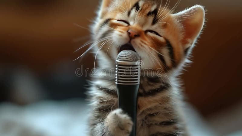 Joyful Kitten Singing into Microphone Stock Video - Video of playful ...