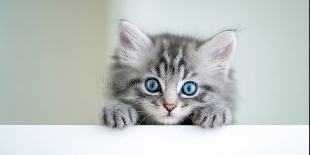 The Playful Kitten with Striking Blue Eyes Peeking Over a Ledge. AI ...