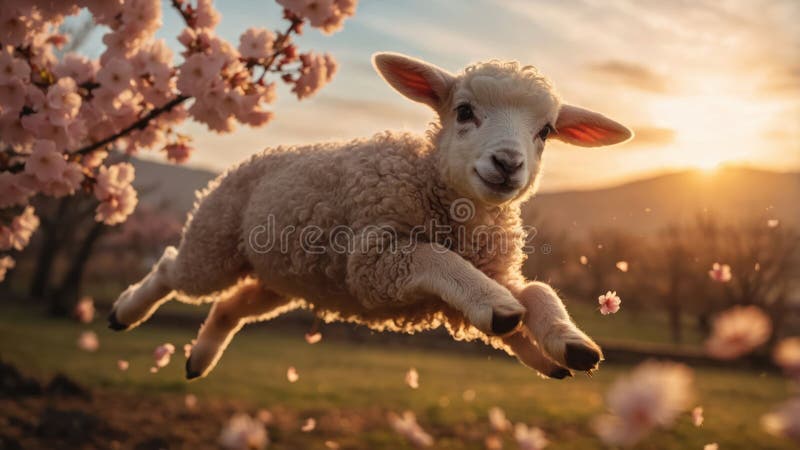 Adorable Lamb Leaping through Spring Blossoms at Sunset Stock ...