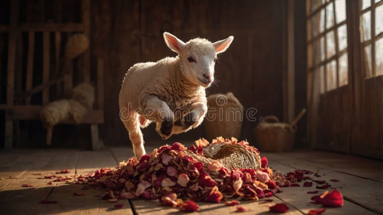 Adorable Lamb Leaping Over Rose Petals in Rustic Barn Stock ...
