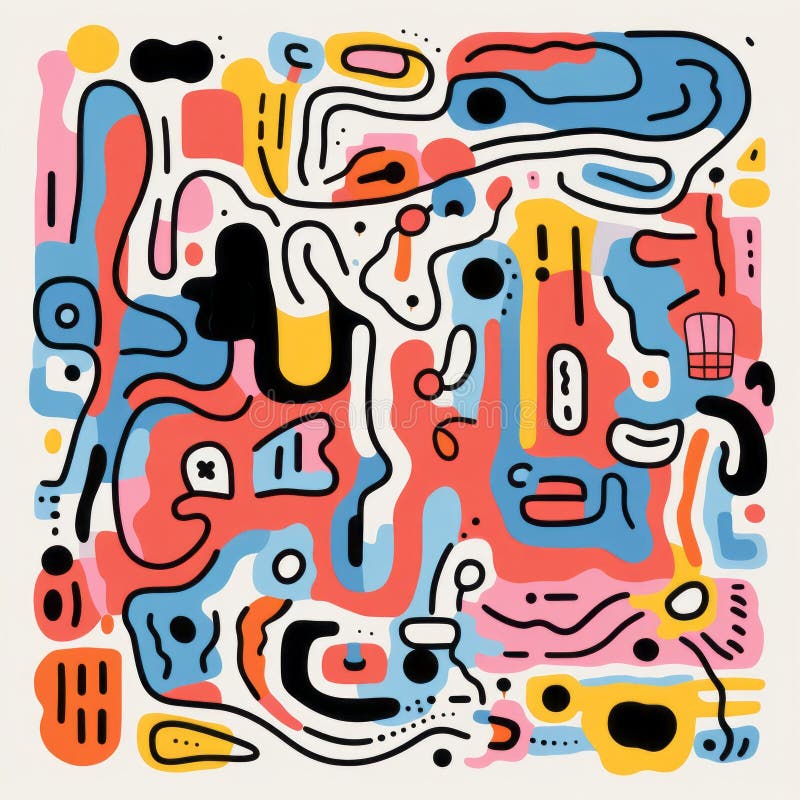 Playful Line Drawing Poster with Colorful Blobby Shapes and Thick Lines ...