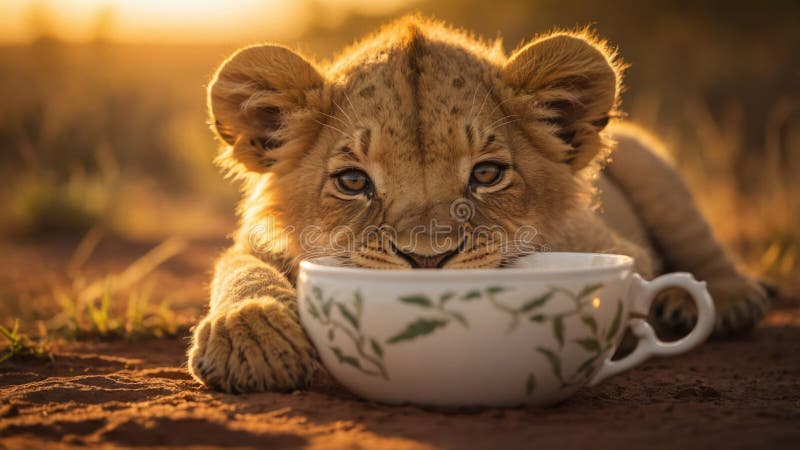 Adorable Lion Cub Drinking from a Teacup at Sunset Stock Illustration ...