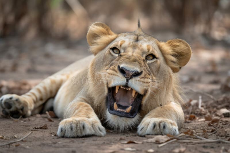 Playful Lion Rolling on the Ground and Showing Its Teeth Stock ...