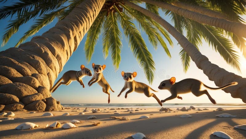 Adorable Mouse-like Creatures Leaping Joyfully on Tropical Beach at ...