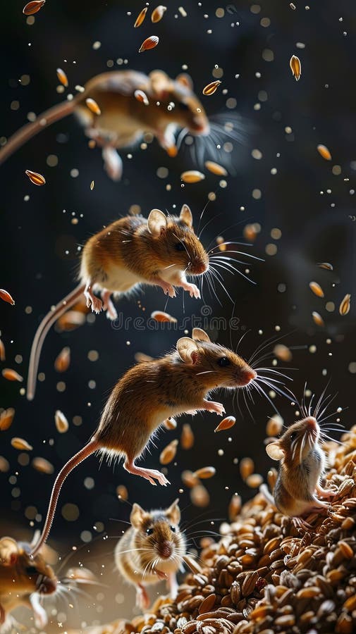 Playful Mice Leap through Falling Grain in a Dark Natural Setting Stock ...