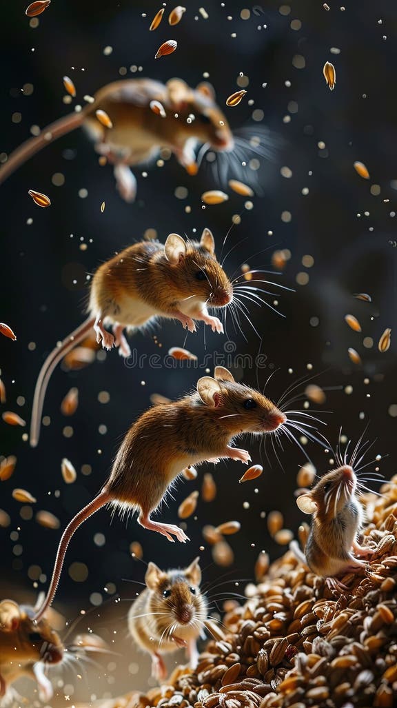 Playful Mice Leap through Falling Grain in a Dark Natural Setting Stock ...