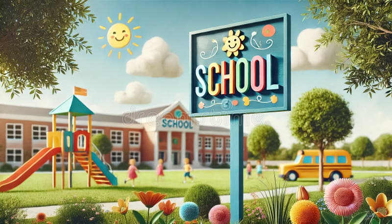 Playful Modern School Sign at Cheerful Elementary School Stock Photo ...