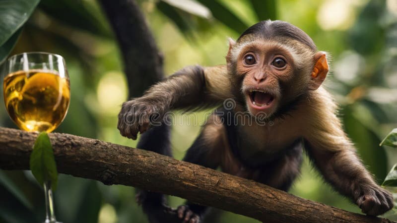 Playful Young Monkey with a Glass of Wine Stock Illustration ...