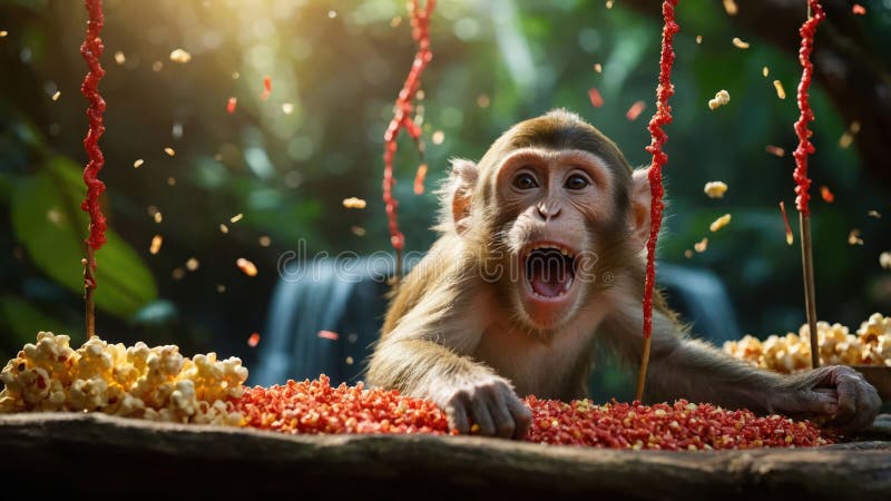 Adorable Monkey Eating Popcorn and Red Treats Stock Illustration ...