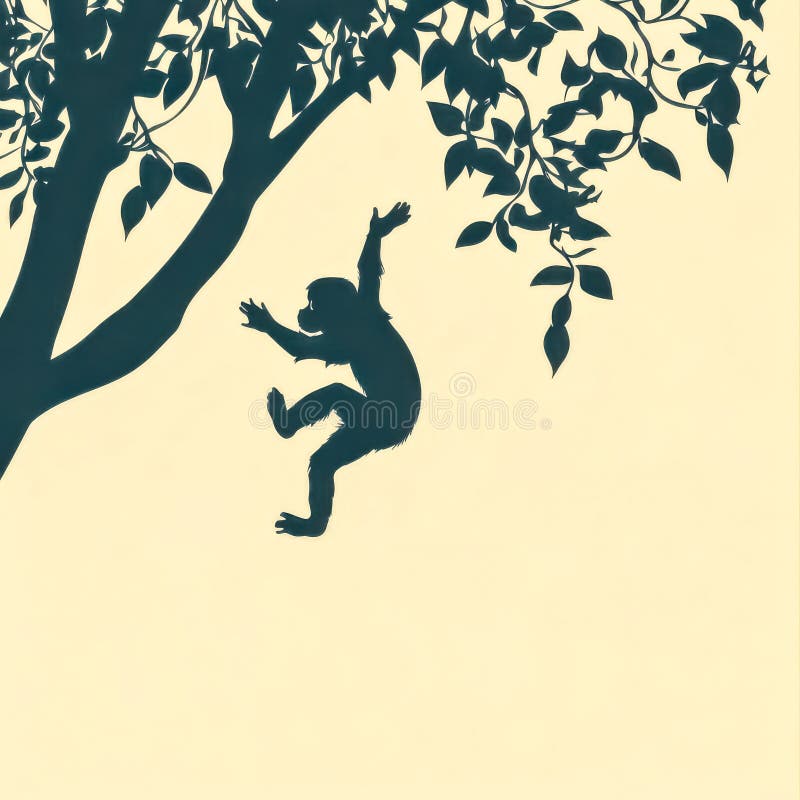 Playful Monkey Falling from Tree Silhouette in Simple Style Stock Photo ...