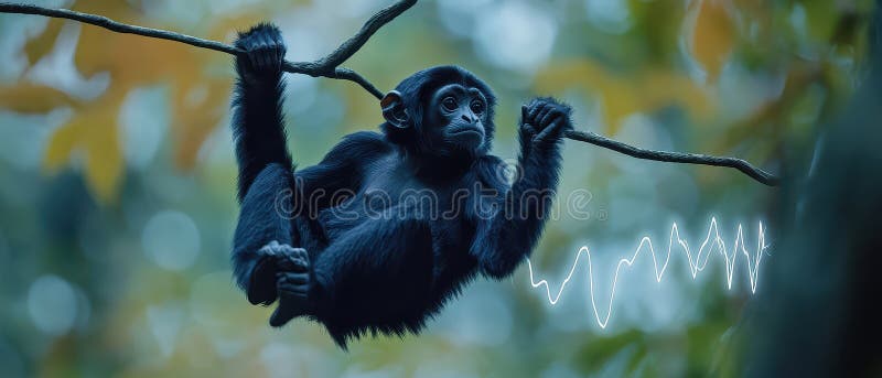 Playful Monkey Hanging from Branch with Sound Wave in Background Stock ...