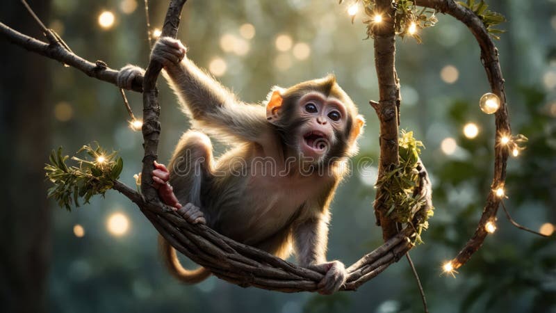 Adorable Baby Monkey on a Branch with Fairy Lights Stock Illustration ...