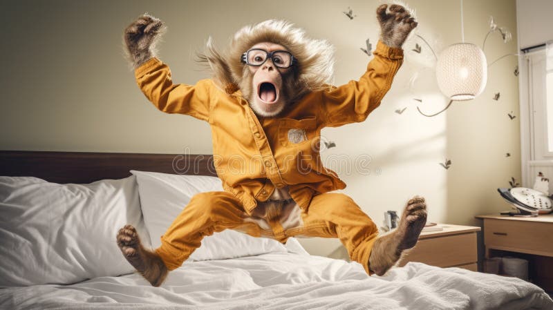Playful Monkey Jumping on Bed Sheets Stock Illustration - Illustration ...