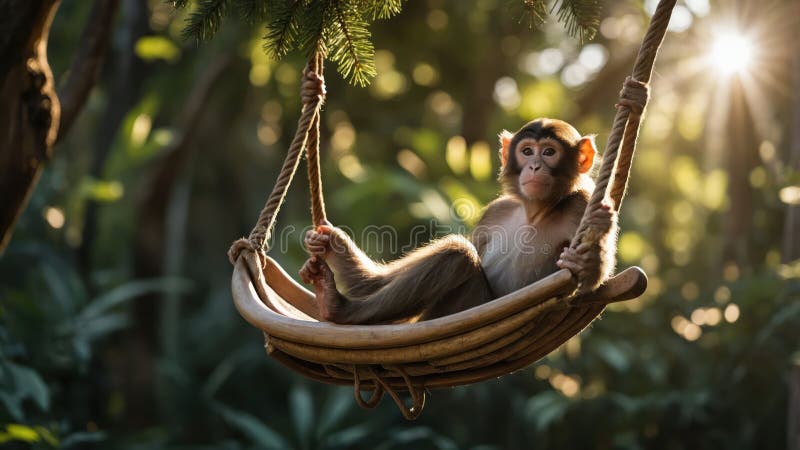 Adorable Baby Monkey Relaxing on a Wooden Swing in Tropical Forest Stock Illustration ...
