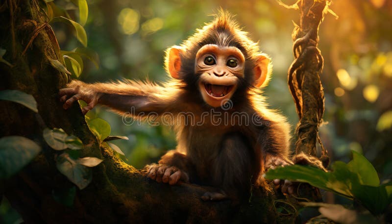 Playful Monkey in Lush Jungle Setting with Joyful Expression Stock ...