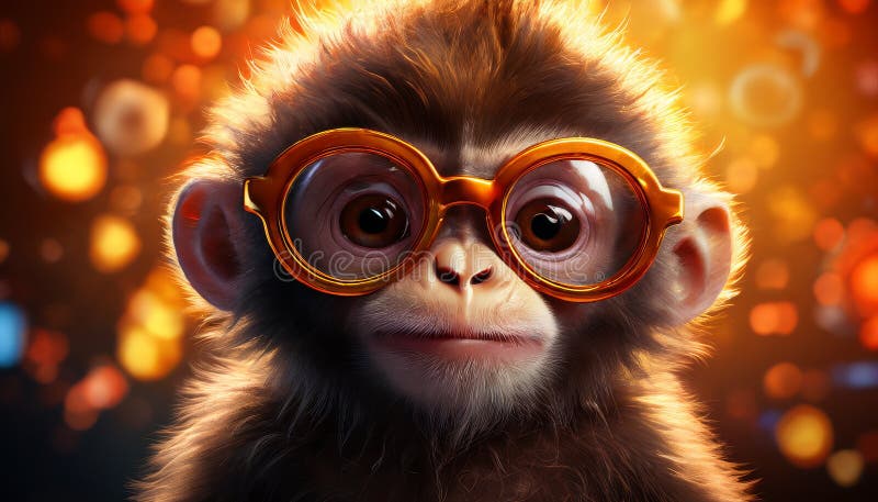 Playful Monkey with Oversized Glasses Surrounded by Glowing Lights ...