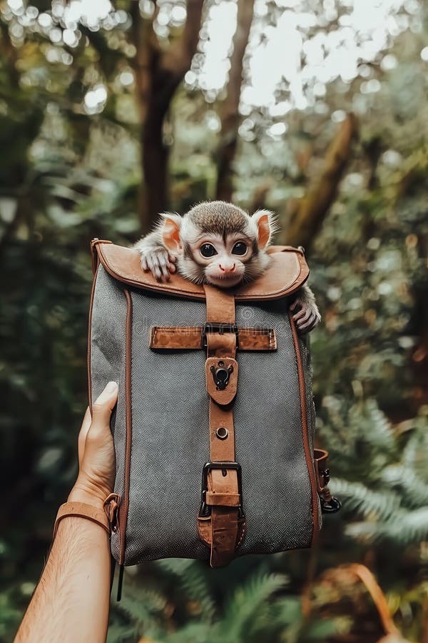 Playful Monkey Peeks Out from Vintage Backpack in Lush Jungle Scene ...