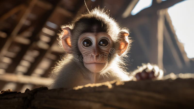 Playful Monkey Peering Out from Under Open Barn with Sun Rays Stock ...