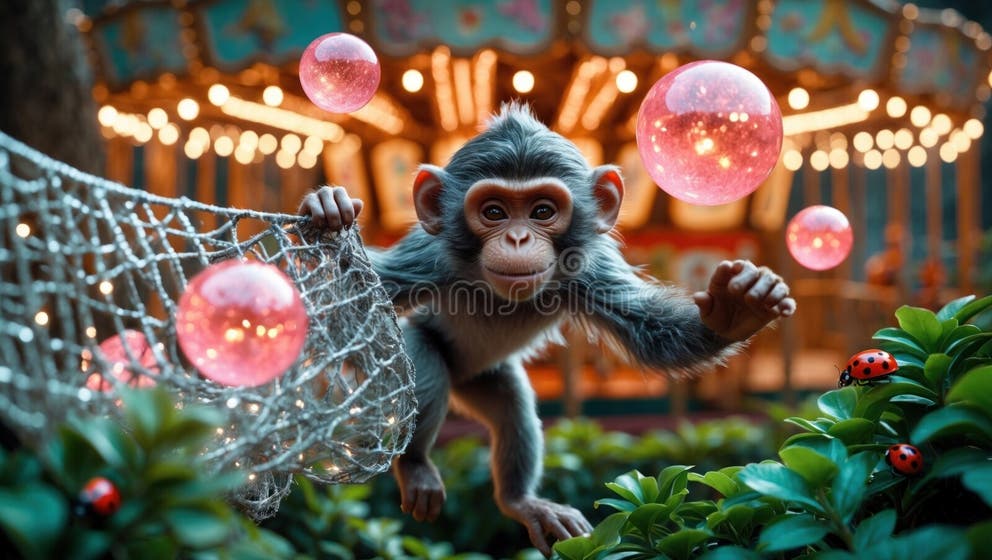 Adorable Baby Monkey Playing with Bubbles Near a Carousel Stock ...