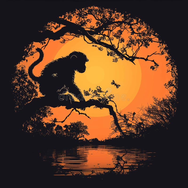 Playful Monkey at Sunset, Silhouette Scene. Stock Illustration ...