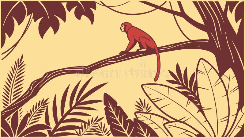 Playful Monkey on Tree Branch in Lush Tropical Jungle, Vector Design ...