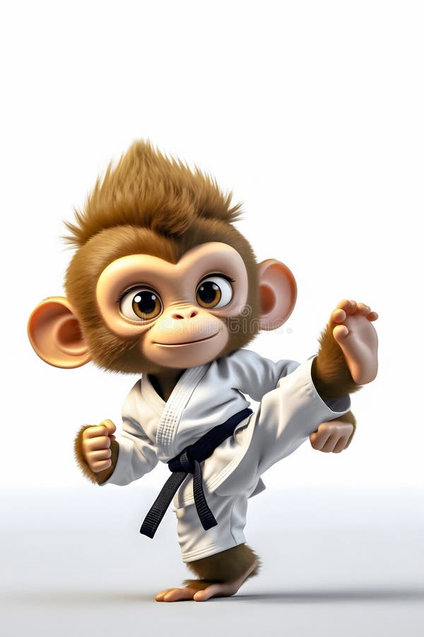 Playful Monkey in White Martial Arts Gi with Black Belt Performing a ...