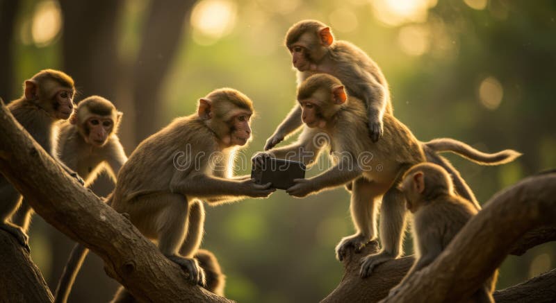 Playful Monkeys Exploring Technology in a Golden Forest Stock ...