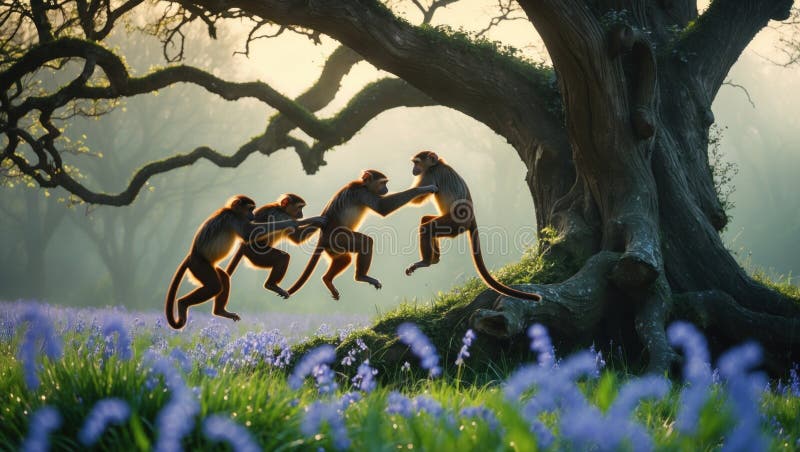 Three Monkeys Jumping, Teamwork in Bluebell Woods at Sunrise Stock ...
