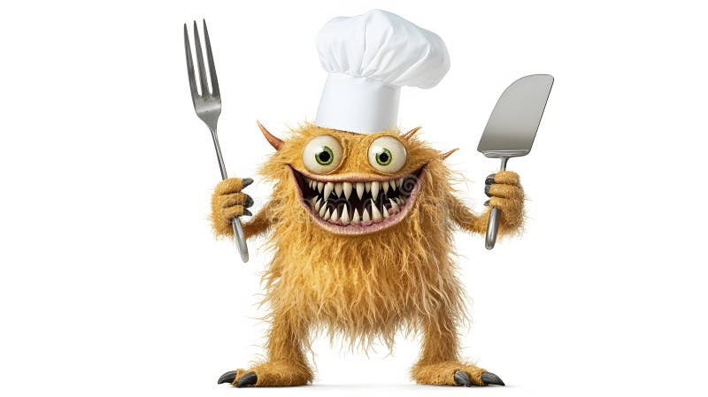 Playful Monster Wearing Chef Hat, Holding Spatula and Fork, Ready To ...