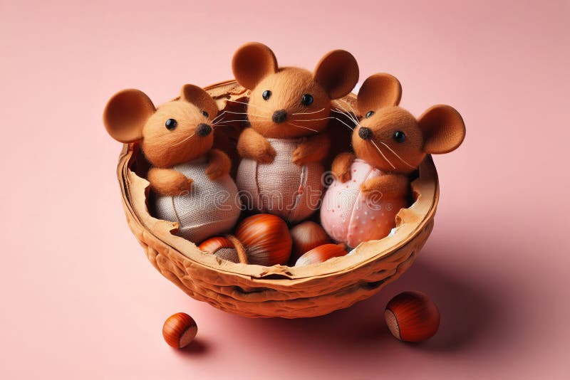 Playful Mouse Figures Crafted from Walnuts, Featuring Pink and Grey ...
