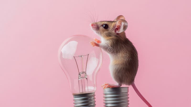 Playful Mouse with Light Bulb on Pink Background Stock Illustration ...
