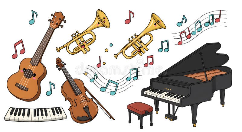 Playful Musical Instruments and Notes Illustration, Diverse Classical ...