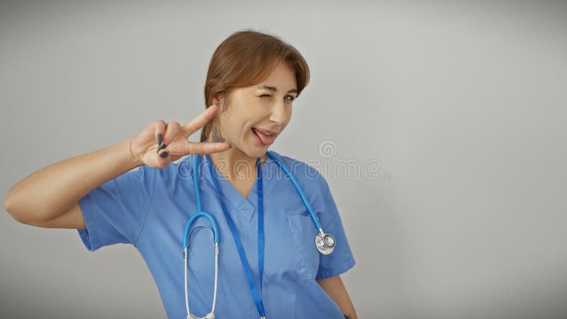 A Playful Nurse in Blue Scrubs Winks and Gestures Peace Against a White ...