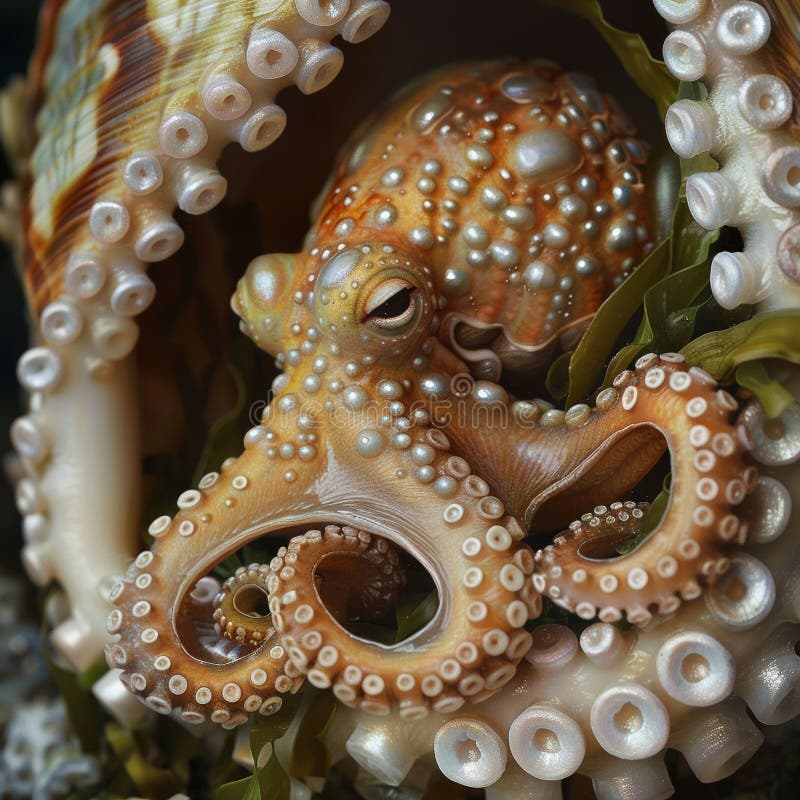 A Playful Octopus Hides Inside a Seashell Decorated with Pearls and ...