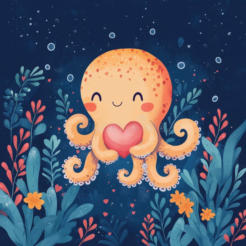 Playful Octopus Holding a Heart - a Whimsical Sea Creature Stock ...