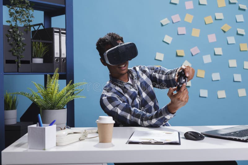 Playful Office Person Wearing Virtual Reality Technology Headset while ...