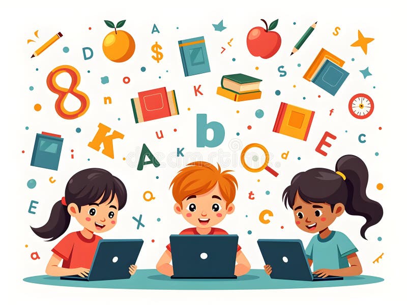 Playful Online Learning Scene Featuring Children and Digital Tools ...