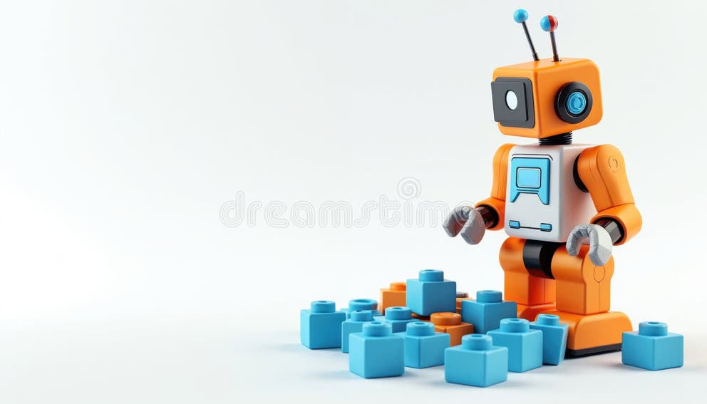 Playful Orange Robot Builds with Blue Blocks in Clean Studio. 3d Render ...