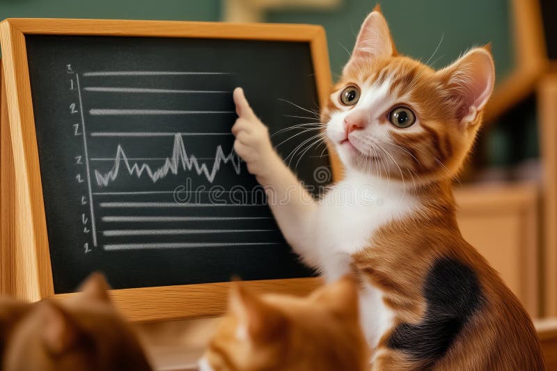 Playful Orange Tabby Cat Analyzing a Graph on a Chalkboard. Stock Photo ...