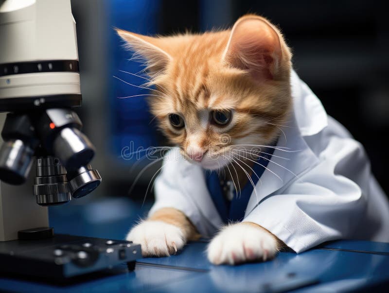 Kitten Scientist Examines Mini Microscope Stock Illustration ...