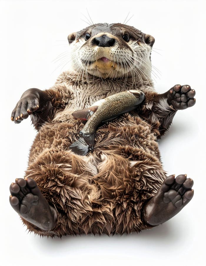 Playful Otter with Fish on White Background Stock Illustration ...