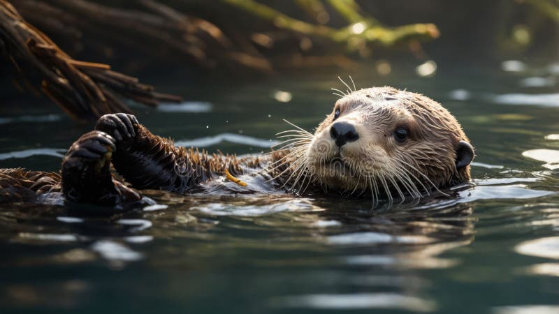Adorable Sea Otter Floating on Water, Calm and Serene Stock ...