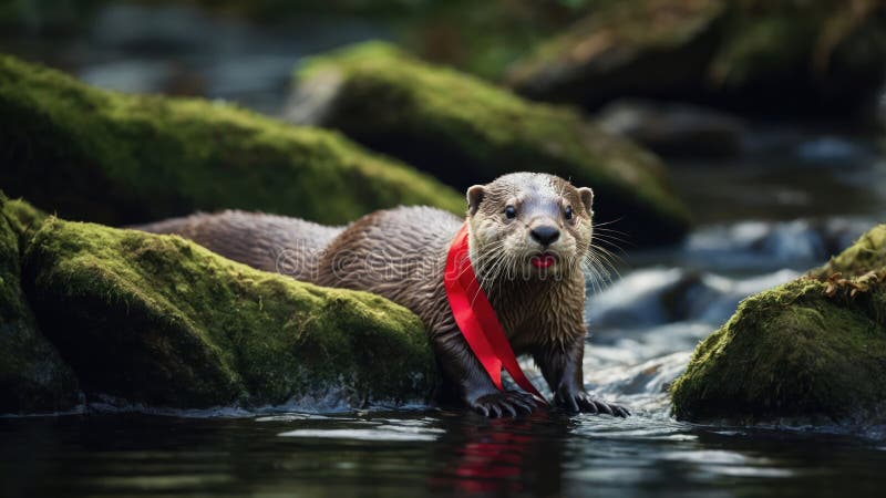 Adorable Otter with Red Ribbon in a Mossy Creek Stock Illustration ...
