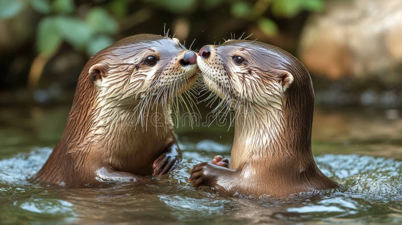 Playful Otters Interacting in a Calm Water Environment during a Sunny ...
