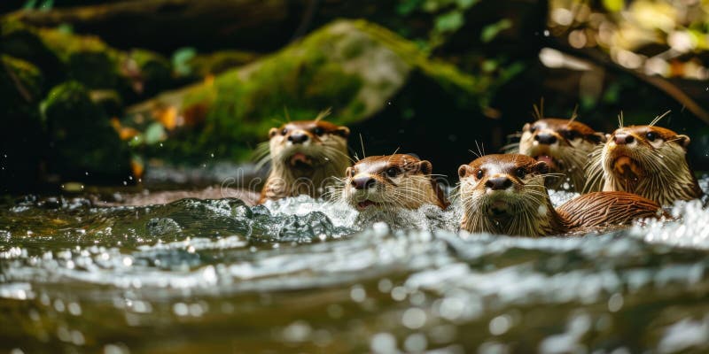Playful Otters Swimming and Splashing in a Serene Forest Stream Created ...