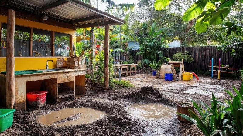 Playful Outdoor Learning Area with Mud and Messy Textures Stock ...